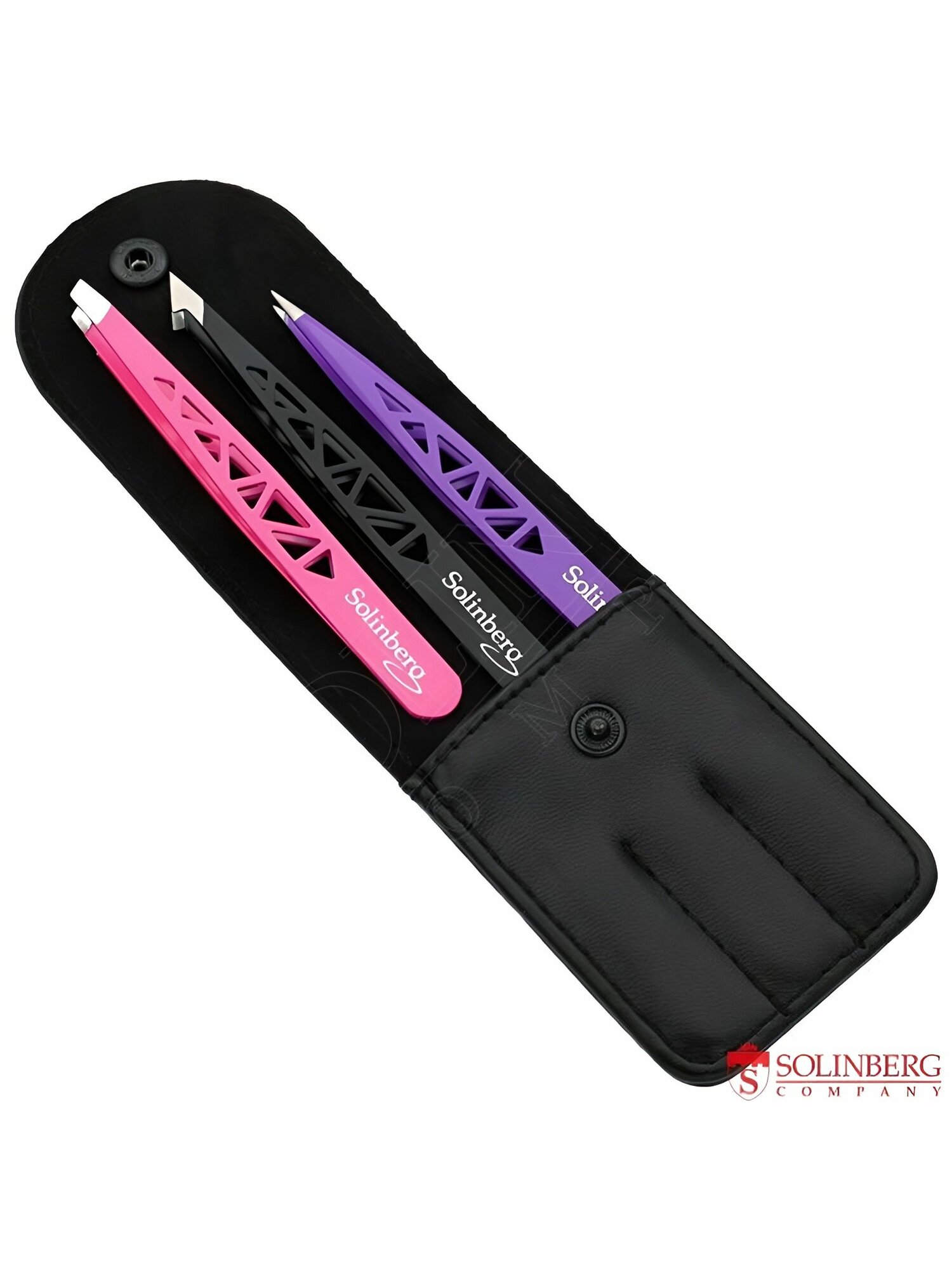 Набор пинцетов для бровей Solinberg 003B (3 шт.) ручная заточка, в чехле