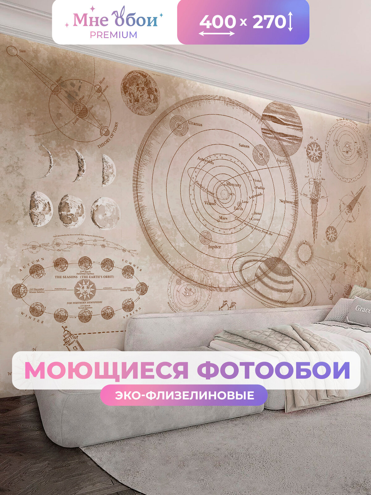 Фотообои детские флизелиновые на стену планеты 3D солнечная система 400х270 (ШхВ), 3д обои в детскую, фотообои космос