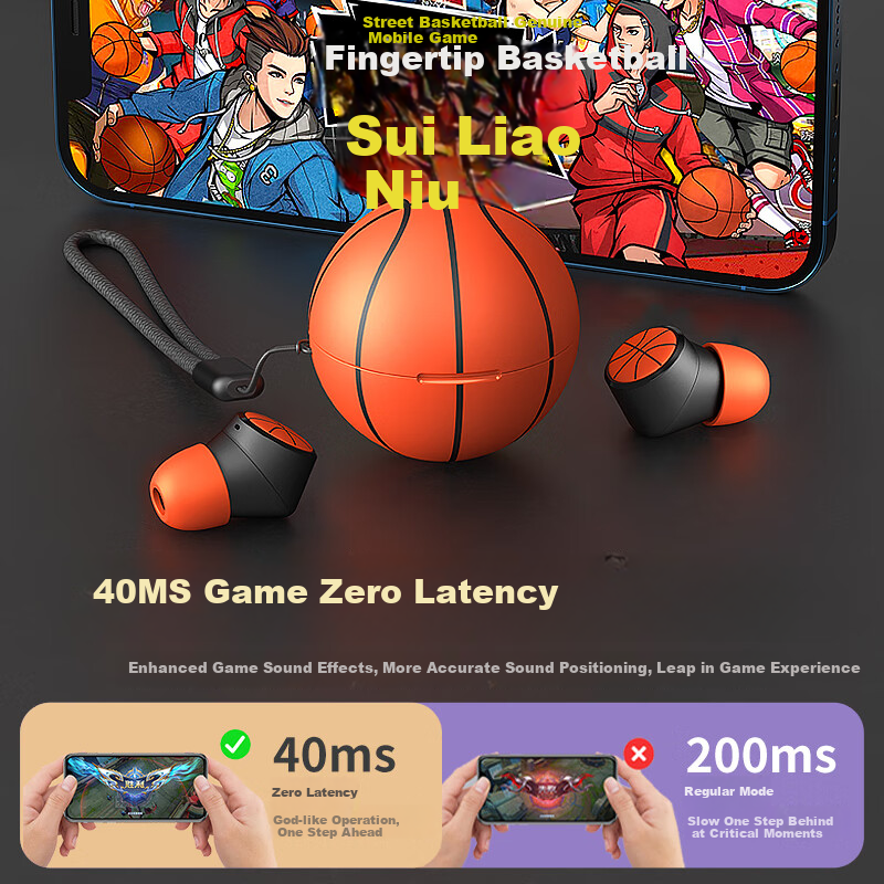 EMEY Bluetooth Earphones Wireless Bluetooth Sports Music Gaming Earphones In-ear Noise Cancelling Earphones Long Battery Life for Apple Xiaomi Huawei Phones T5 Basketball Edition