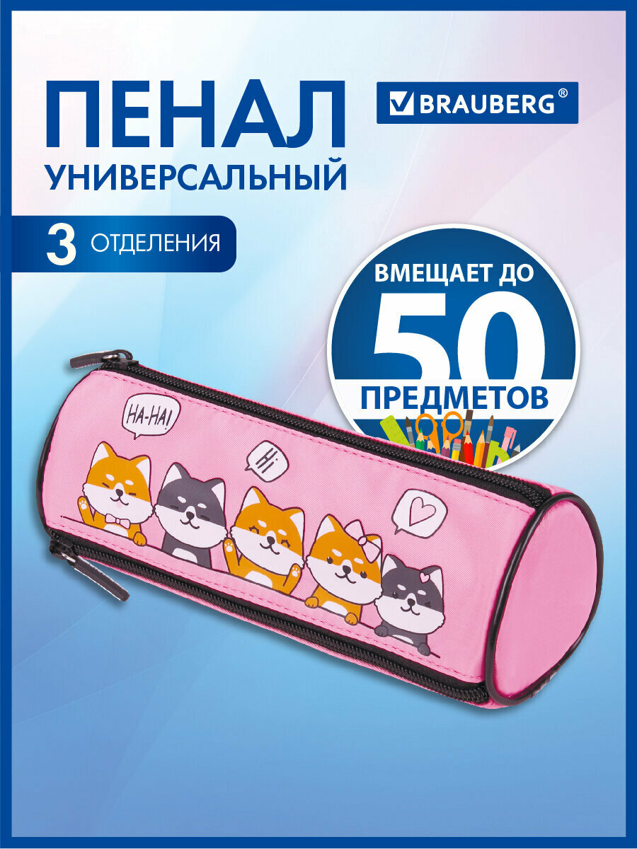 Пенал мягкий Brauberg, 3 отделения, нейлон, 21х7х7 см, Puppies, 270839