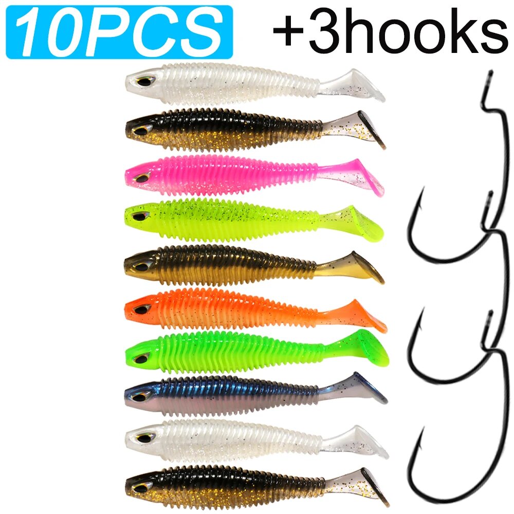 Силиконовые приманки GOBAIT 10 шт. + 3 крючка, 7.5cm, Цвет: A