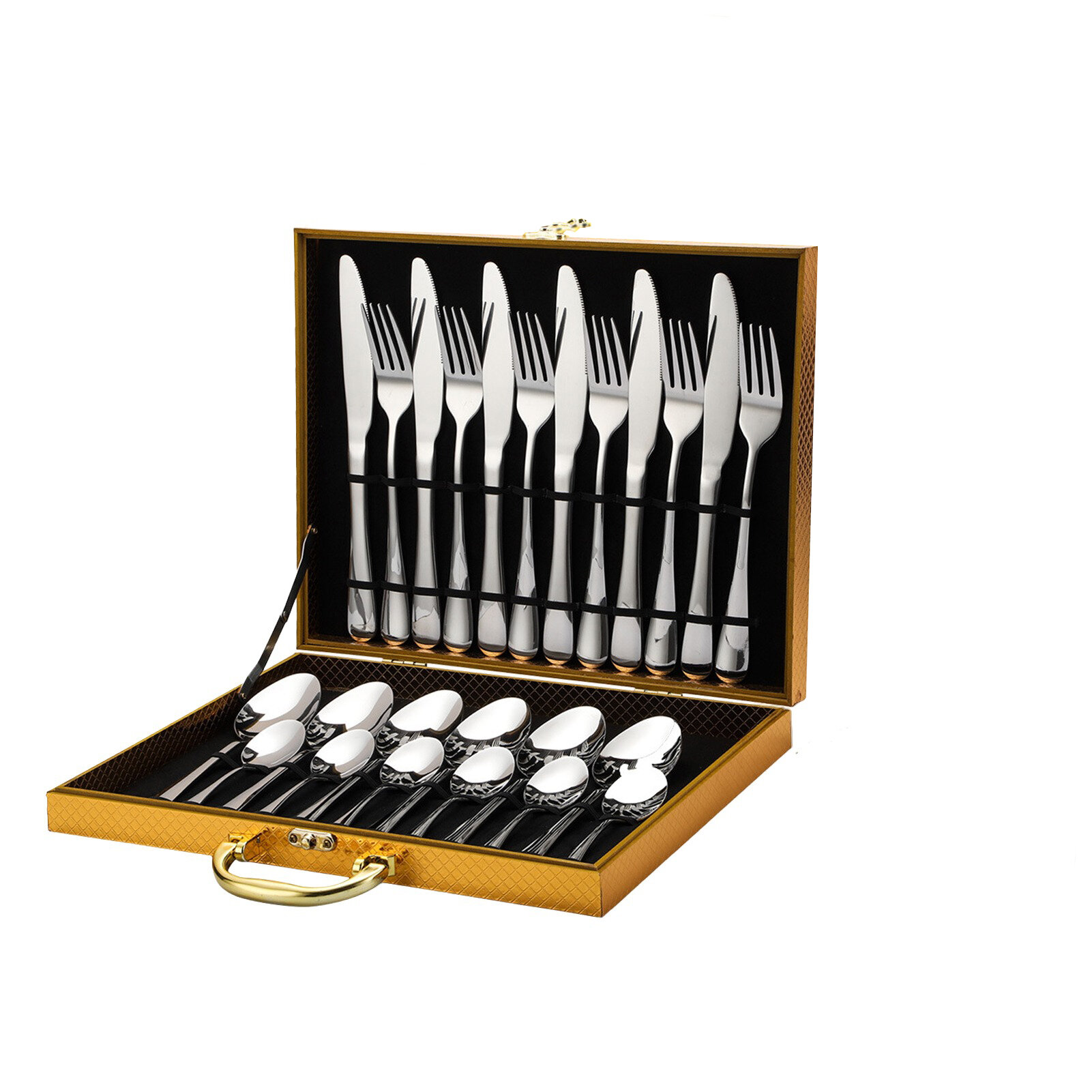 Набор столовых приборов из нержавеющей стали 24 штуки для 6 персон с футляром для хранения: 6 ножей, 6 вилок, 6 столовых ложек, 6 чайных ложек, цвета золото, серебро, черный, розовое золото, радуга для дома, кухни, ресторана, отеля