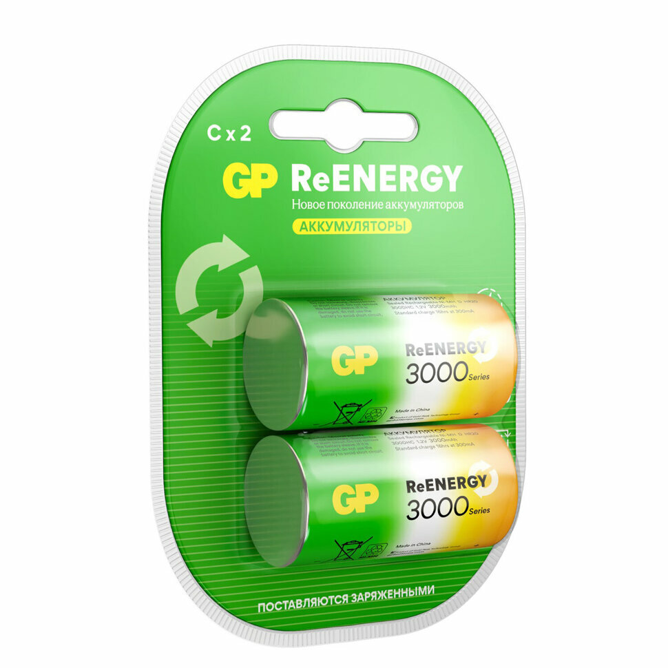 Батарейки аккумуляторные GP ReEnergy Ni-Mh комплект 2 шт, С (HR14), 3000 mAh, 300CHCRGY-2CRCB2, 458470