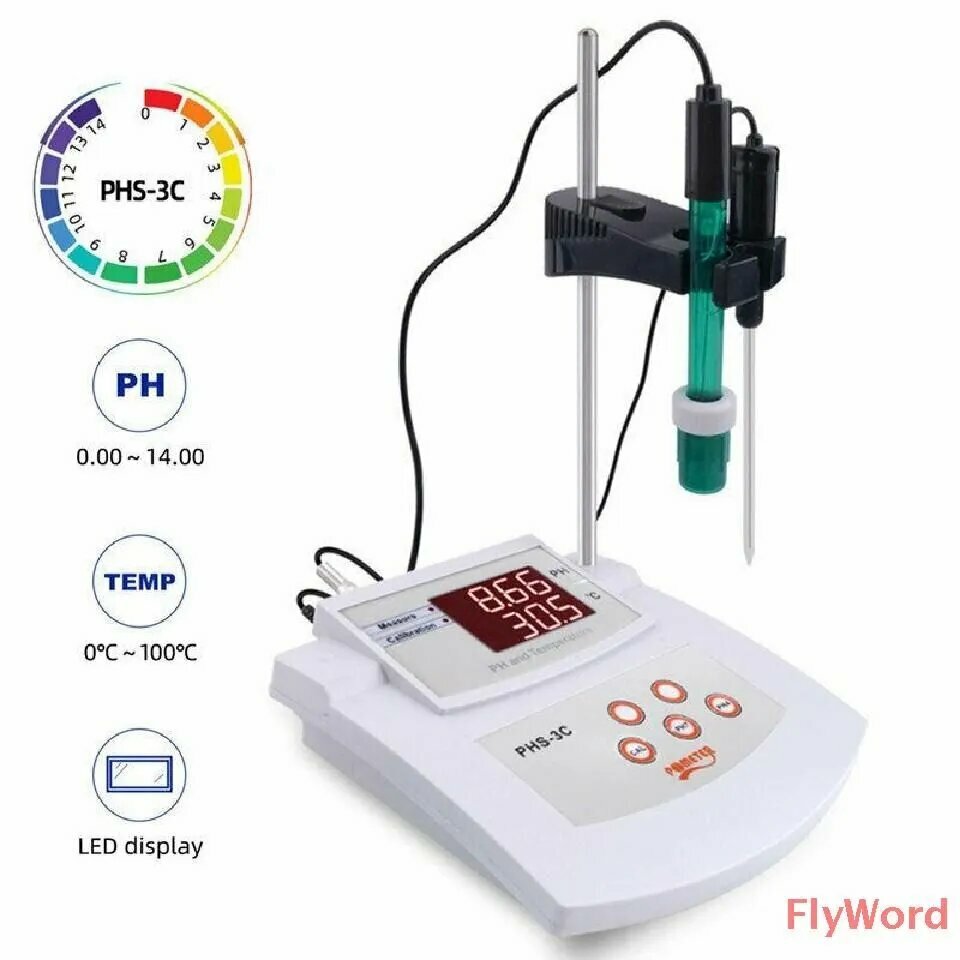 Ph-метр лабораторный с термометром и держателем электродов! FlyWord