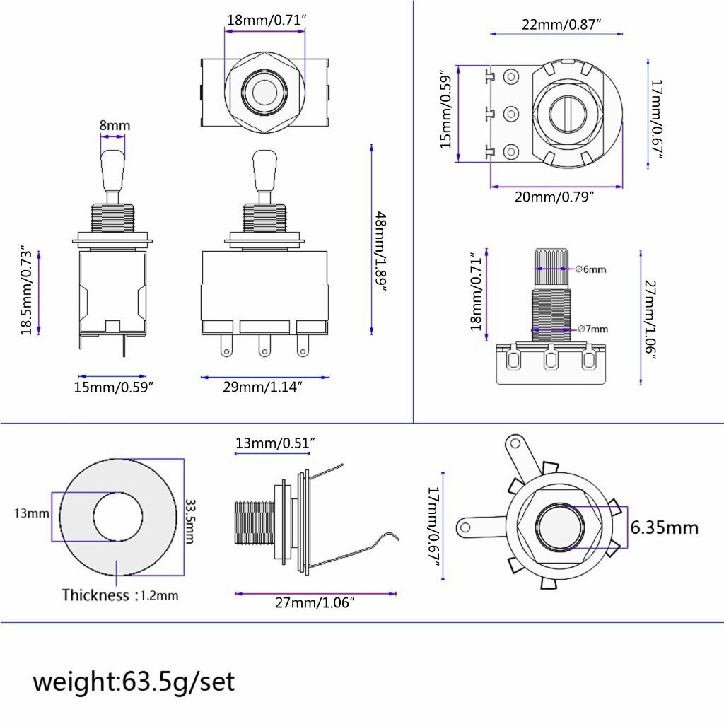 Замена комплекта жгутов проводов электрогитары, 1 тон громкости, предварительно смонтированный 3-позиционный тумблер, горшки и разъем 500K для