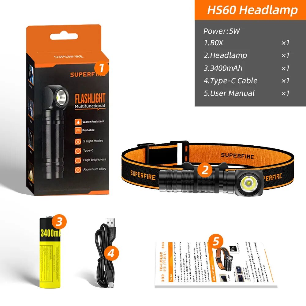 SUPERFIRE HS60 Магнитный налобный фонарь 900LM HS60 Set 3400 mAh