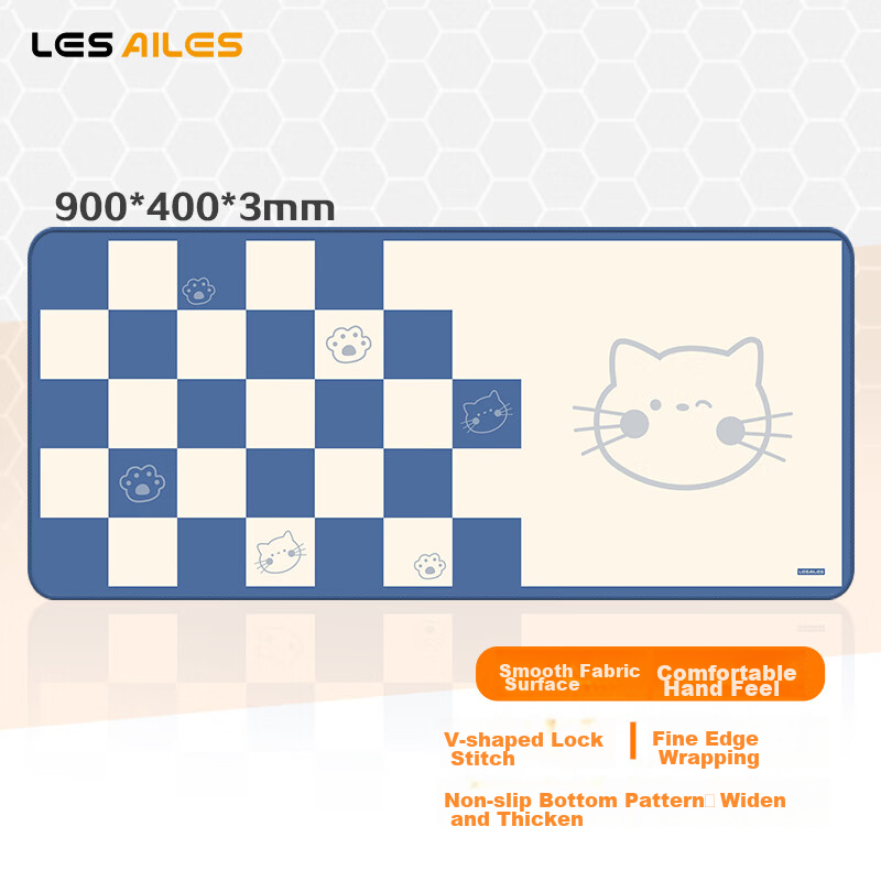 Feidun LESAILES Chess Cat Gaming Mouse Pad Extra Large, Thickened with Locking Edges for Office Computer Keyboard Desk Pad, Blue And Yellow 900*400*3mm