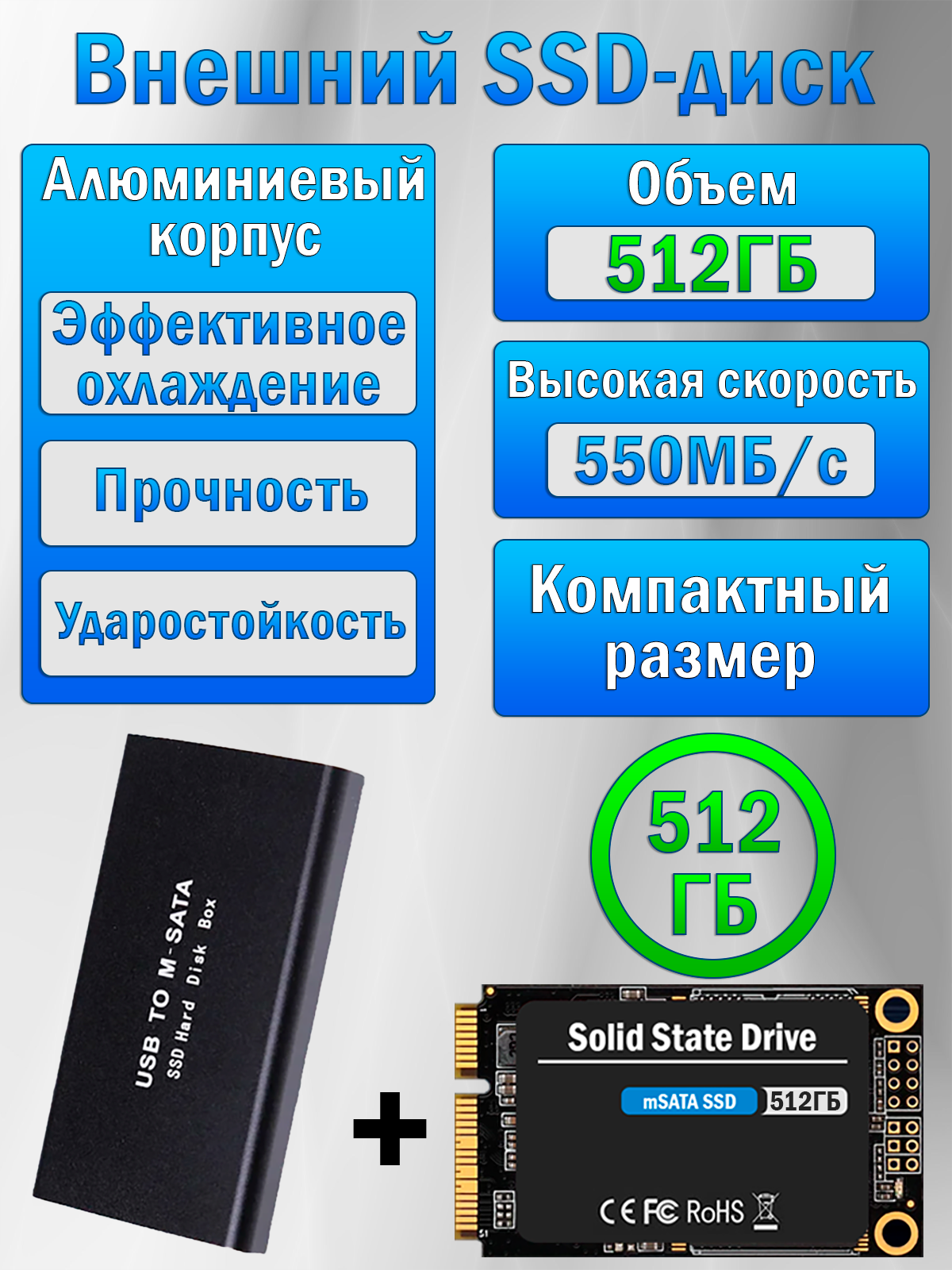 Внешний SSD-диск, большая емкость 512GB, прочный алюминиевый корпус, компактный размер, черный цвет