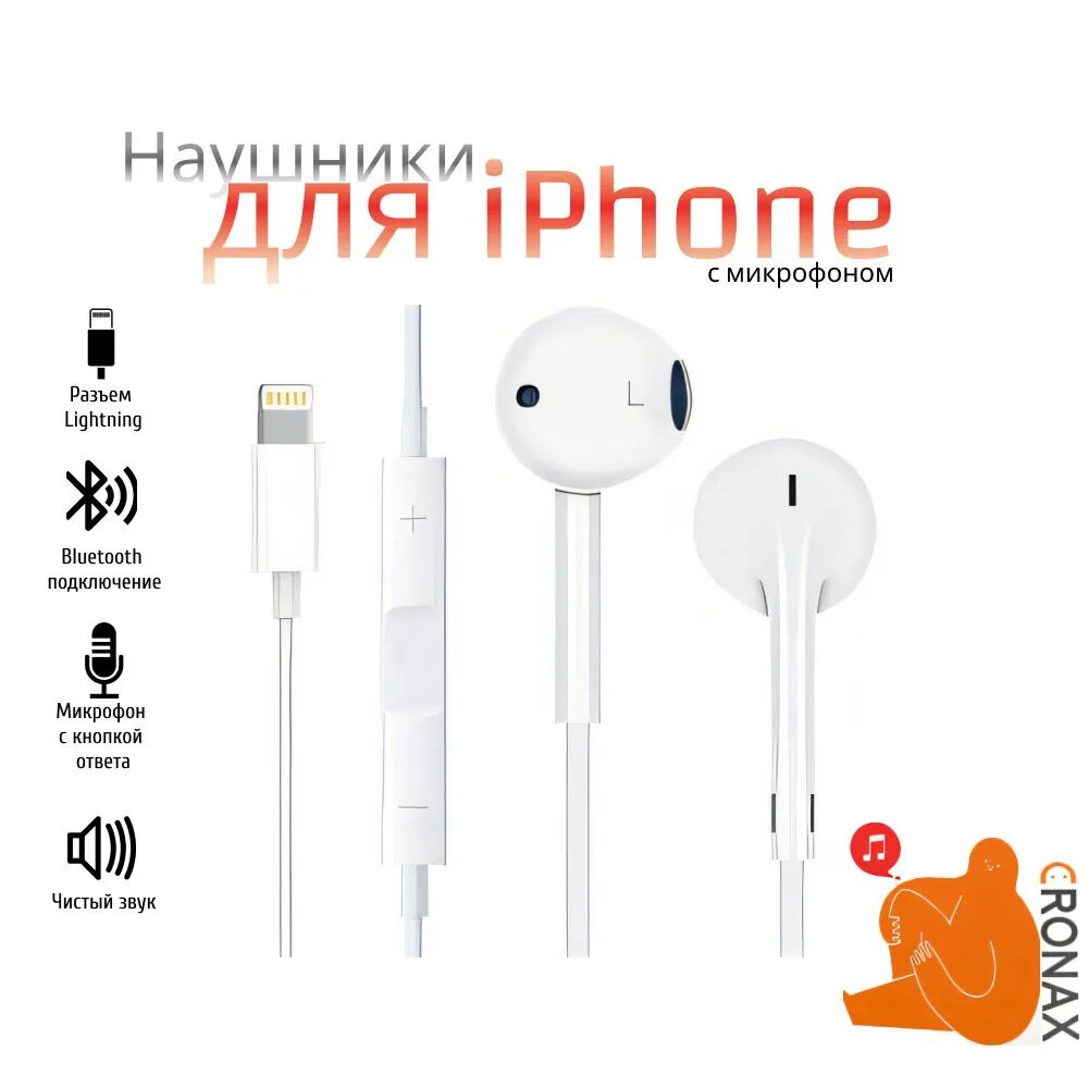 Наушники проводные для iPhone c микрофоном / разъем Lightning для айфон 7, 8, X, 11, 12, 13, 14, пластик, белый