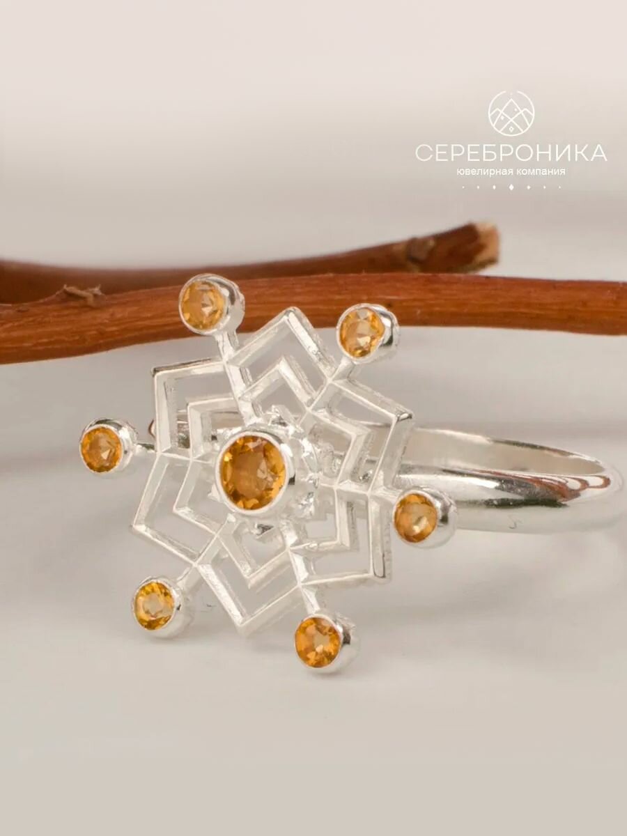 Кольцо тонкое, серебро, 925 проба, родирование, цитрин