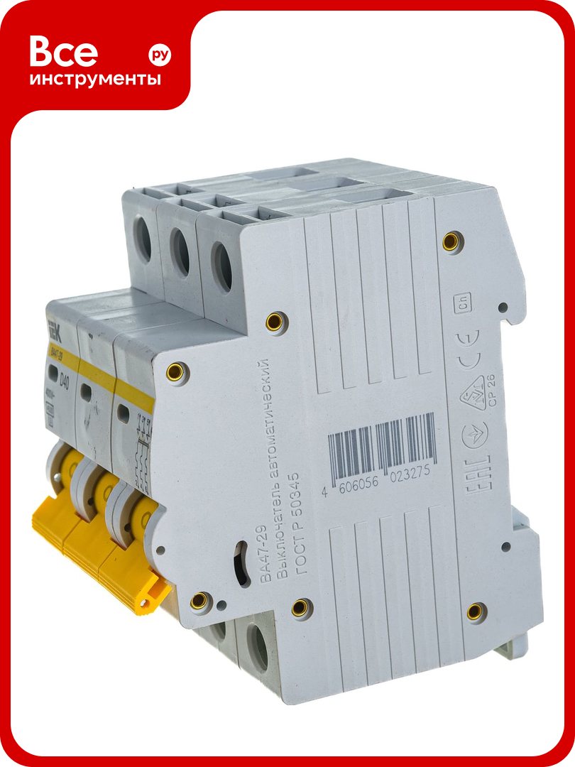 Автоматический, IEK, модульный выключатель IEK ВА 47-29 3п, D, 40А, 4.5кА, ИЭК MVA20-3-040-D