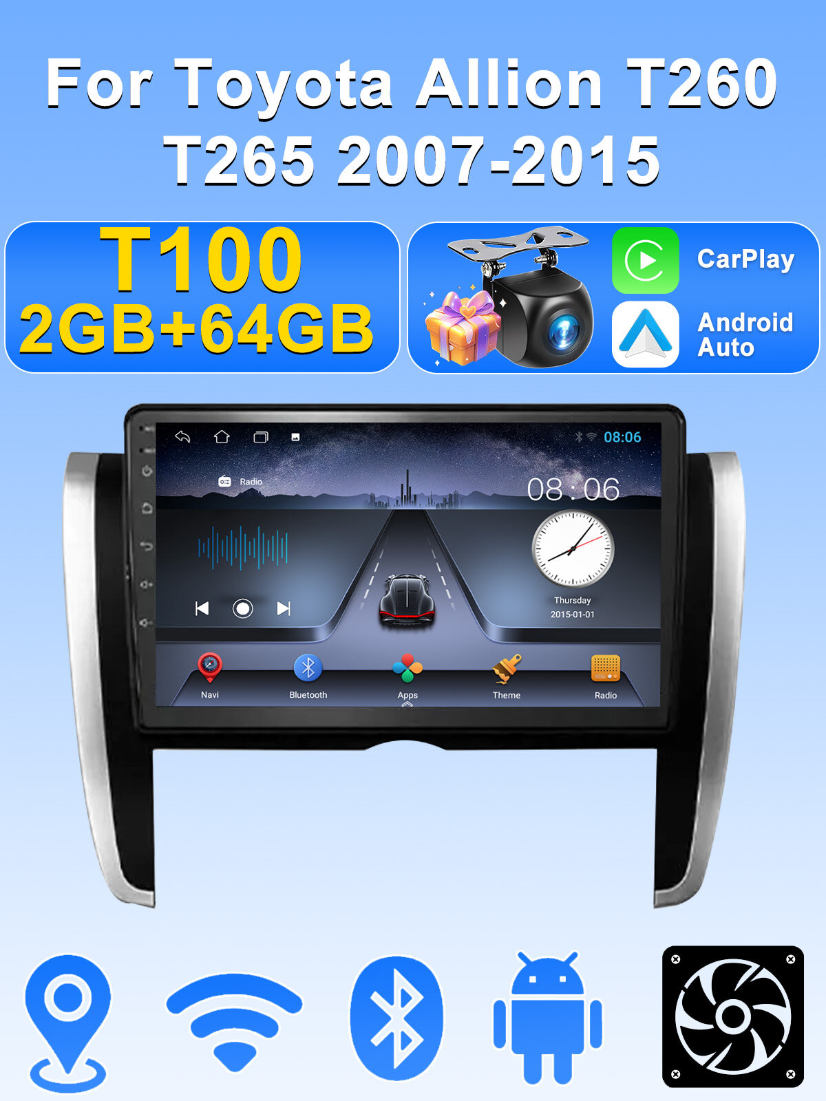 Магнитола для Toyota Allion T260 T265 2007-2015 , Автомагнитола для Тойота Алион Т260,2din android 2+64G Мультимедиа Bluetooth FM WIFI Автомобильный