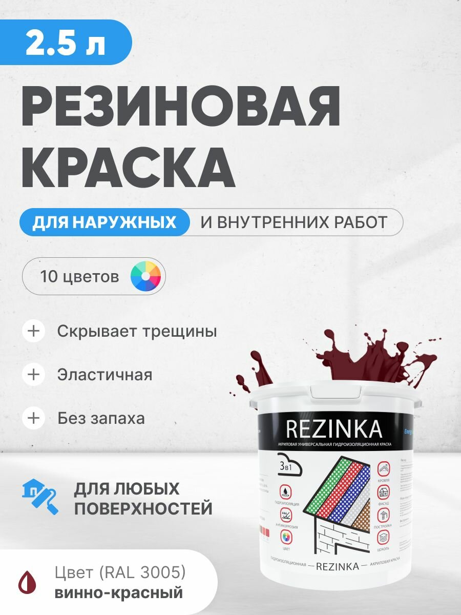 Резиновая краска Elastomeric REZINKA для наружных и внутренних, для кровли, фасада, оцинкованного металла, шифера, дерева, бетона, стен