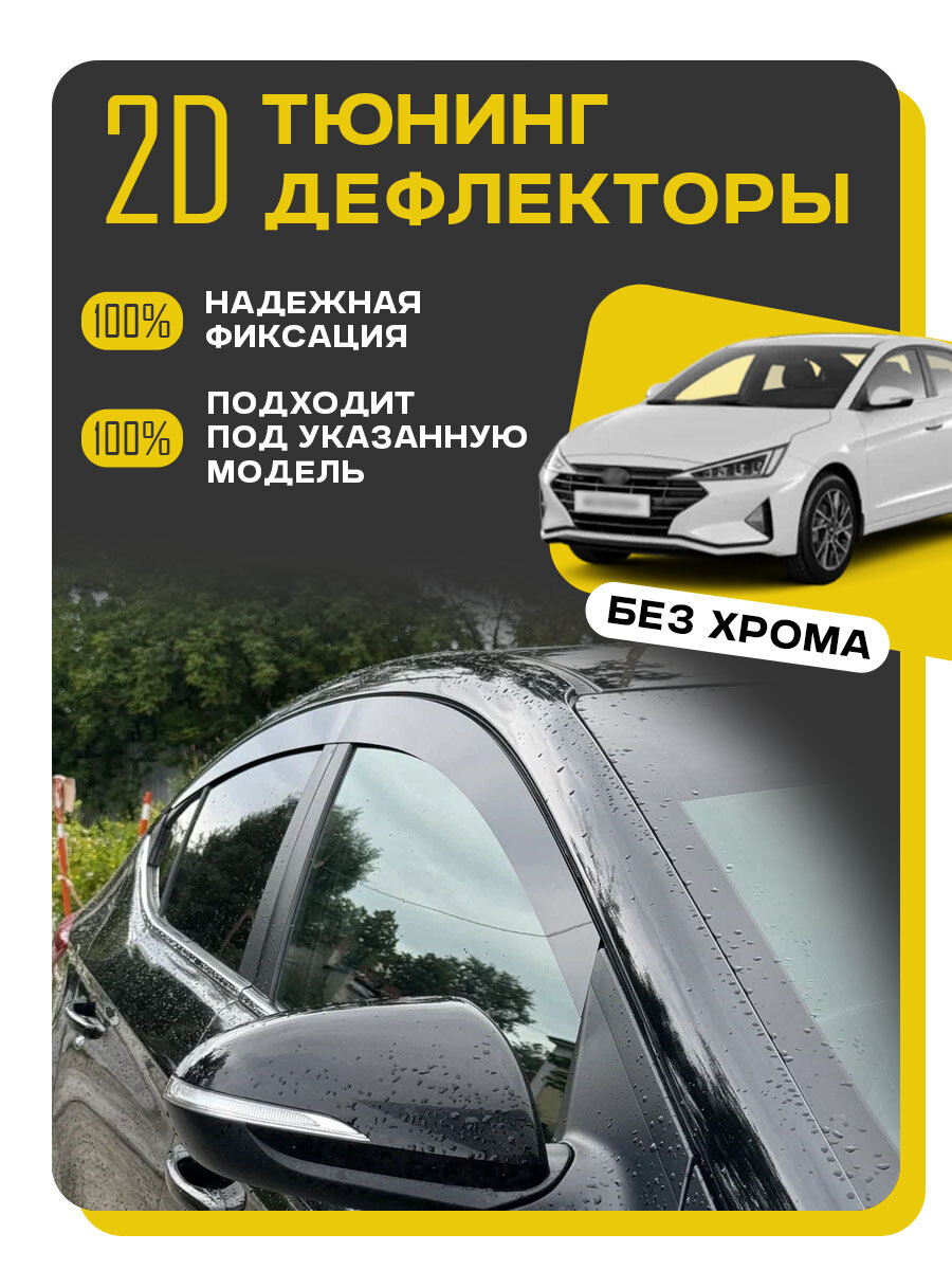 Плоские тюнинг дефлекторы для Hyundai Elantra AD (2015-2020) Ветровики для Хендай Элантра 6 поколение / 2d дефлекторы. Комплект 4 шт.
