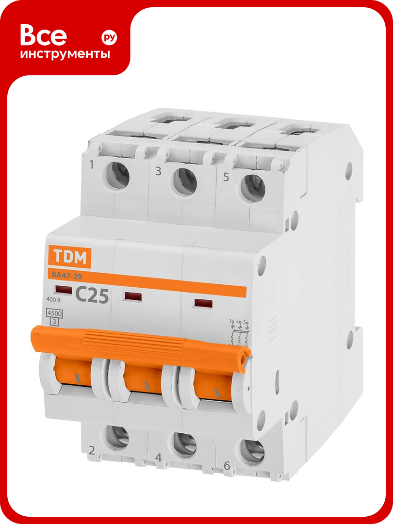 Автоматический выключатель TDM ELECTRIC ВА47-29 3Р 25А 4.5кА С SQ0206-0111, установки