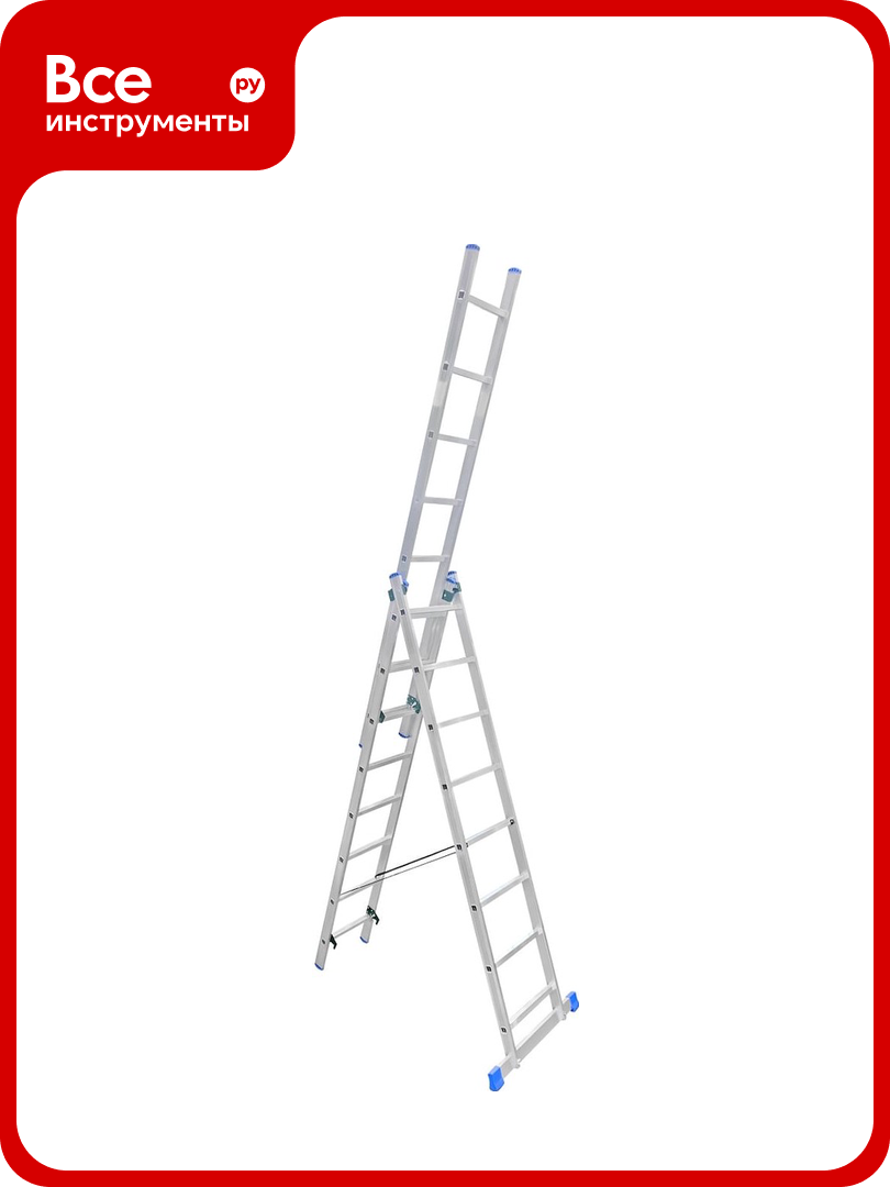 Алюминиевая трехсекционная лестница с восемью ступенями, максимальная нагрузка 150 кг, длина 4,5 м, удобна для бытовых нужд и хранения