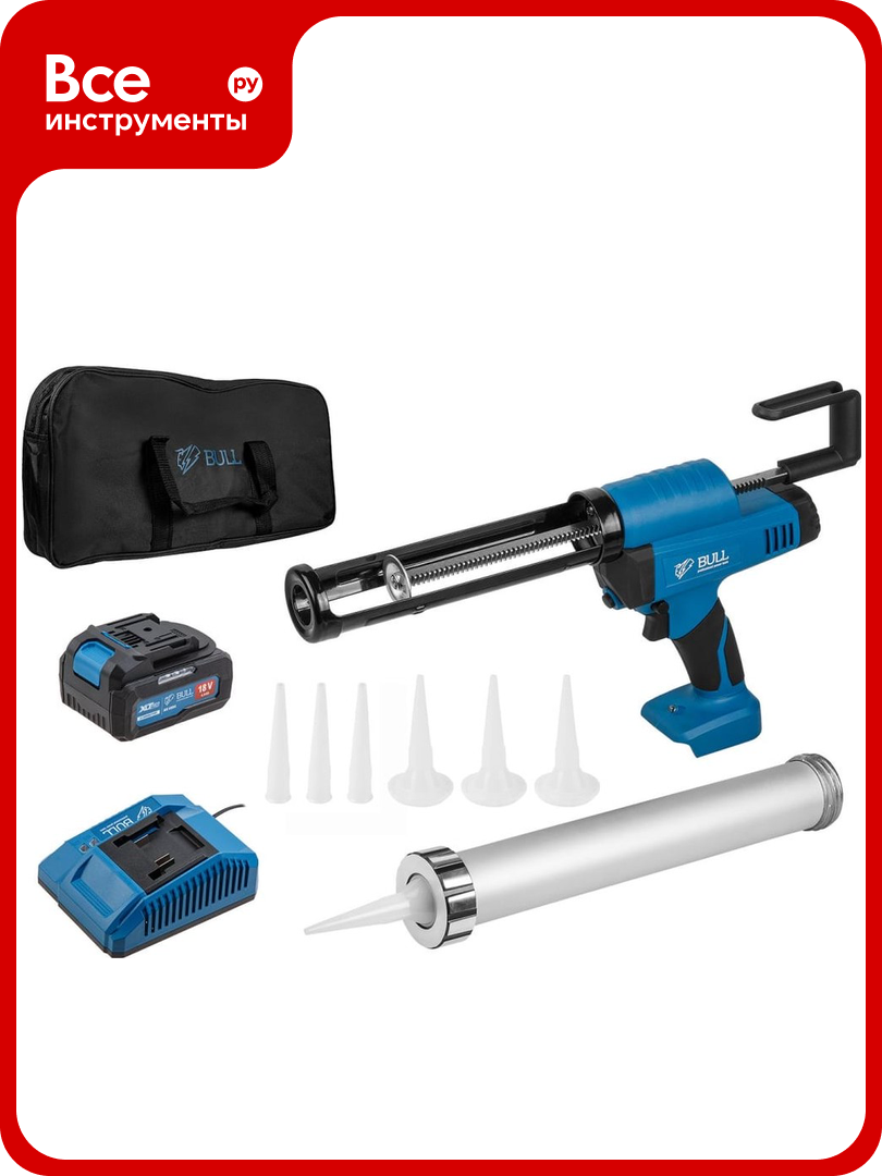 Аккумуляторный пистолет для герметика, BULL, BULL CG 1860 SET(1x4), сумка, 300/600 мл, 2500 Н, 8,3 мм/с