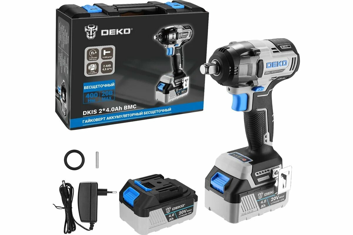 Аккумуляторный бесщеточный гайковерт DEKO DKIS, 20В, 2х4.0Ач, 400Нм, в кейсе 063-4432