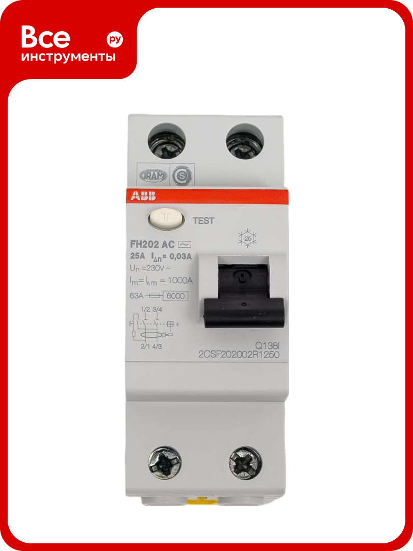 Выключатель дифференциального тока ABB /УЗО/ 2п 25А 30мА FH202 2CSF202002R1250