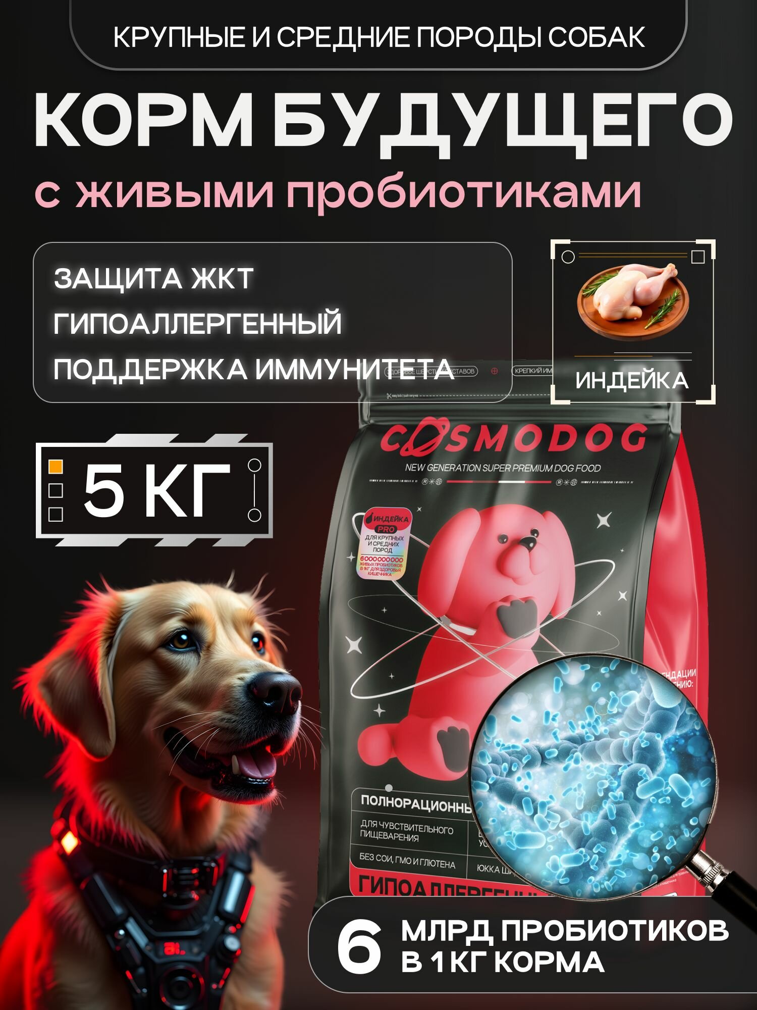 Корм для собак сухой Cosmodog с индейкой 5 кг, гипоаллергенный холистик для крупных и средних пород с пробиотиком