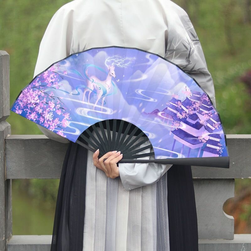 Фан для Ханфу с Тaurantом и Праздничными Строениями, 33x33 см, двусторонняя цифровая печать