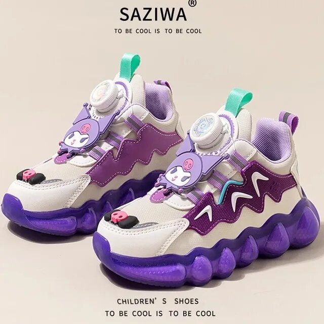 Кроссовки Kuromi из мультфильмов, повседневная обувь для девочек в стиле аниме, модные детские кроссовки, теннисные туфли с вращающимися пуговицами, детская баскетбольная обувь