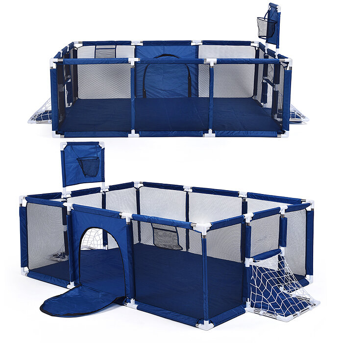 Манеж детский Oubaoloon прямоугольный с баскетбольным кольцом и воротами, цвет синий