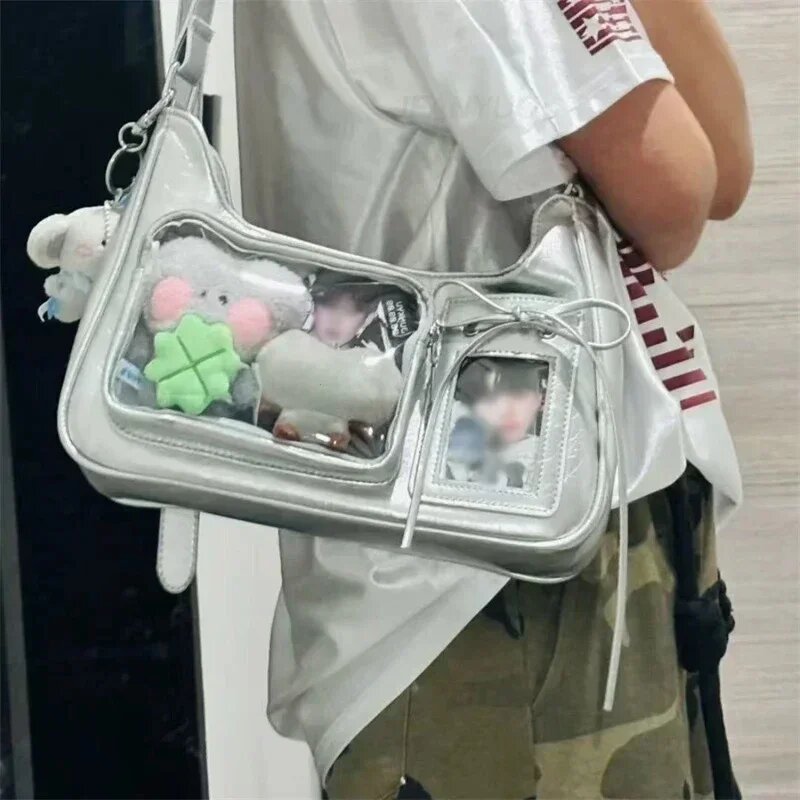 Y2k harajuku для плеча мешков женщин корейская прозрачная сумка Ita School School Bag Сумка Японская дизайнерская сумочка кошелек, Silver, SKU02970