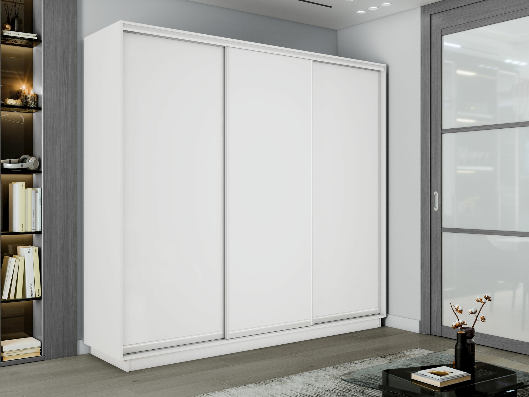 Шкаф купе Вилли 3-х дверный ЛДСП, профиль серебро 240 см х 240 см х 60 см (Белый снег)