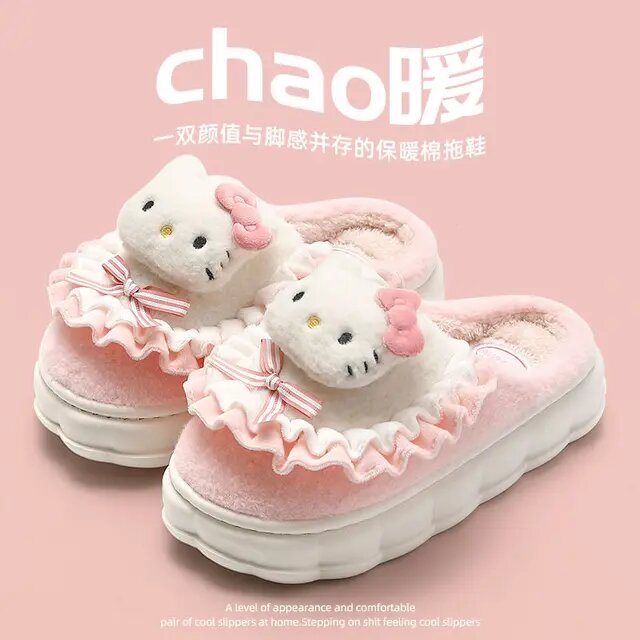 Милые тапочки Hello Kitty для женщин и девочек с рисунком из мультфильма «Мелодия Санрио», зимние теплые тапочки на платформе, нескользящие домашние тапочки Kuromi, Height,40-41