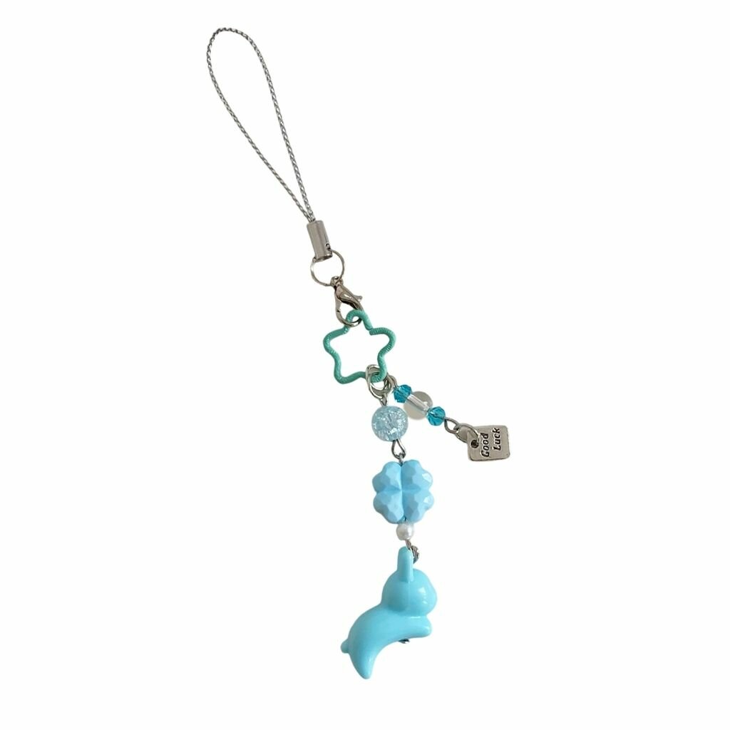 Милая мультяшная цепочка для мобильного телефона из бисера с изображением счастливого четырехлистного клевера-синий