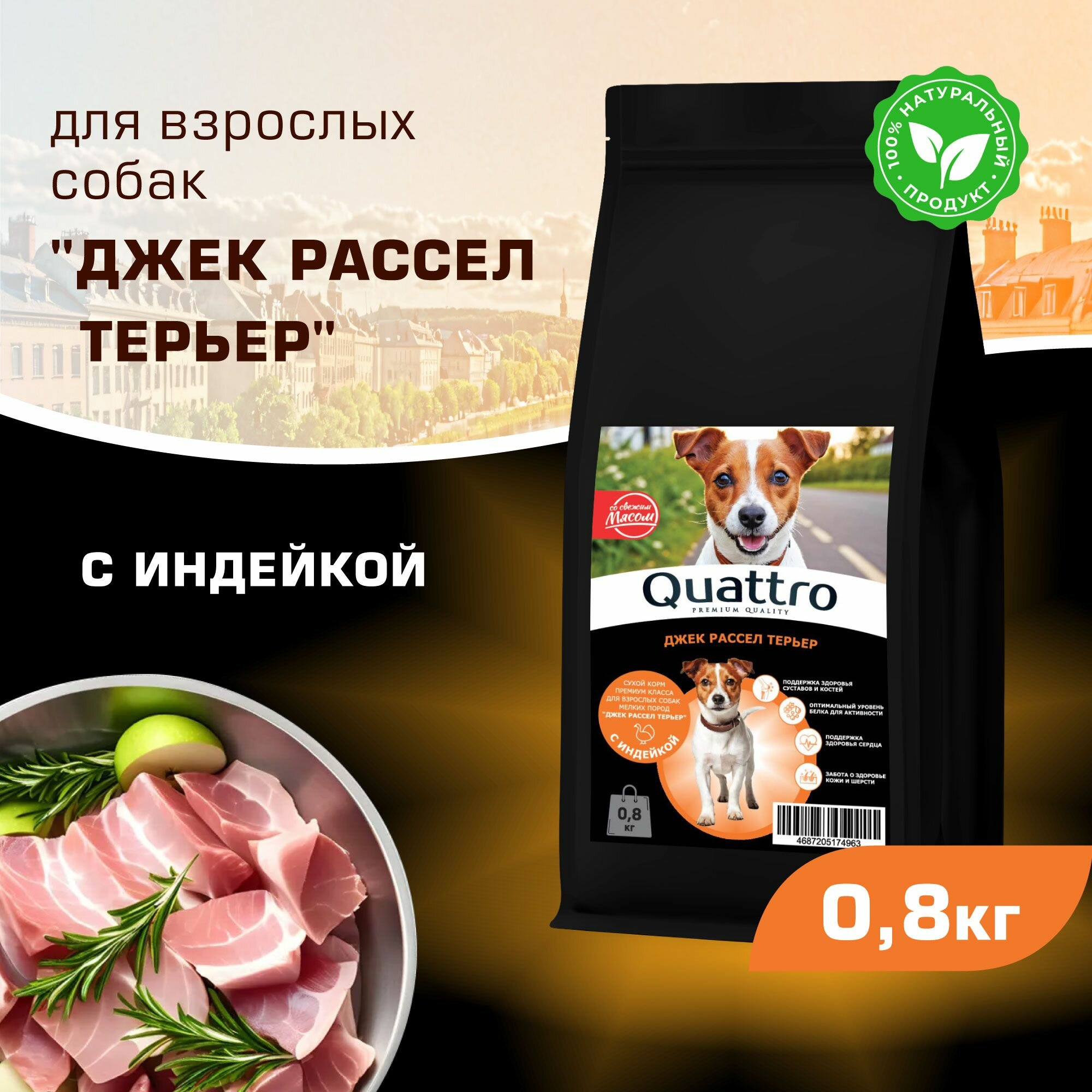 Quattro корм для взрослых собак породы Джек Рассел Терьер, с индейкой 800 гр