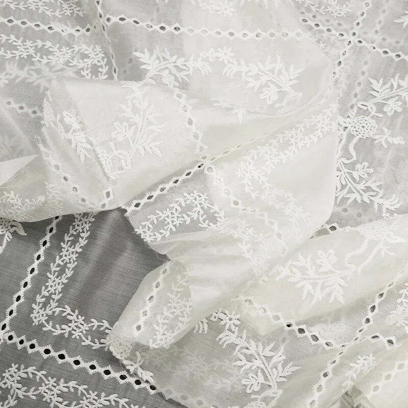 Ткань Тенсель/хлопок "lisveick", ажурная вышивка цветами, для платья и рубашки, 1meter, Белый