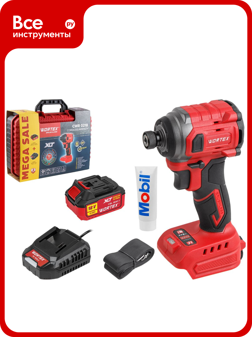 Аккумуляторный ударный гайковерт/винтоверт WORTEX CWR 0218 в чем. XLT 1x4 А*ч, бесщеточный, 18 В, 220 Н*м 1329730