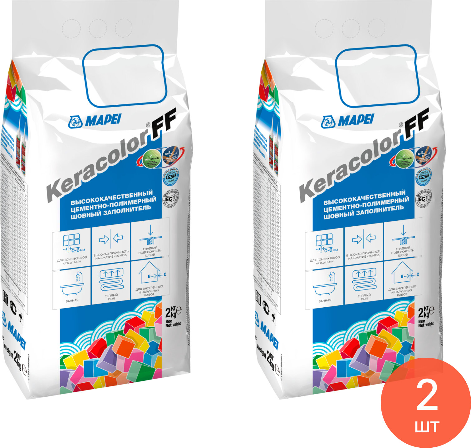 Затирка Mapei / Мапей Keracolor FF для плиточных швов, сухая, водоотталкивающая, цементно-полимерная, цвет №100 белый, 2кг / строительные смеси (комплект из 2 шт)