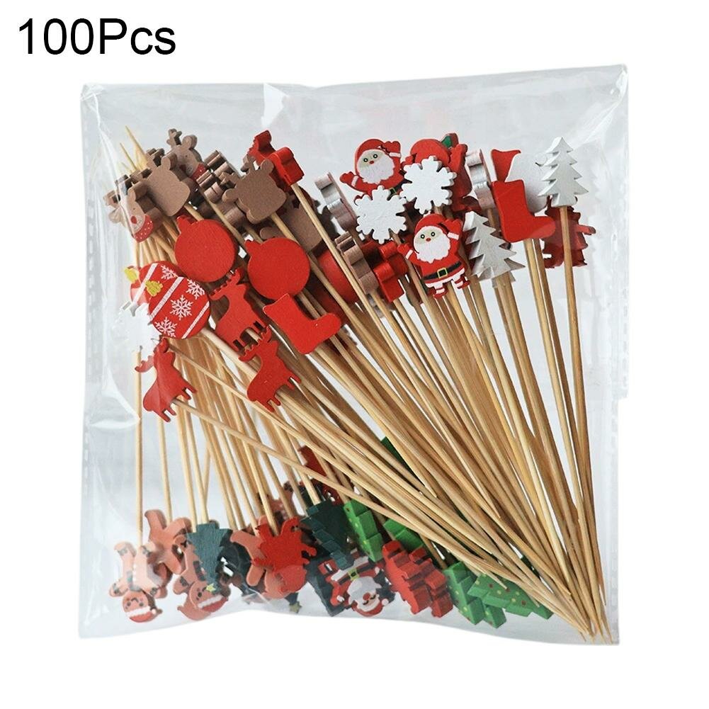 Упаковка 100 одноразовых рождественских палочек для фруктов: Санта-Клаус, сосна, лось