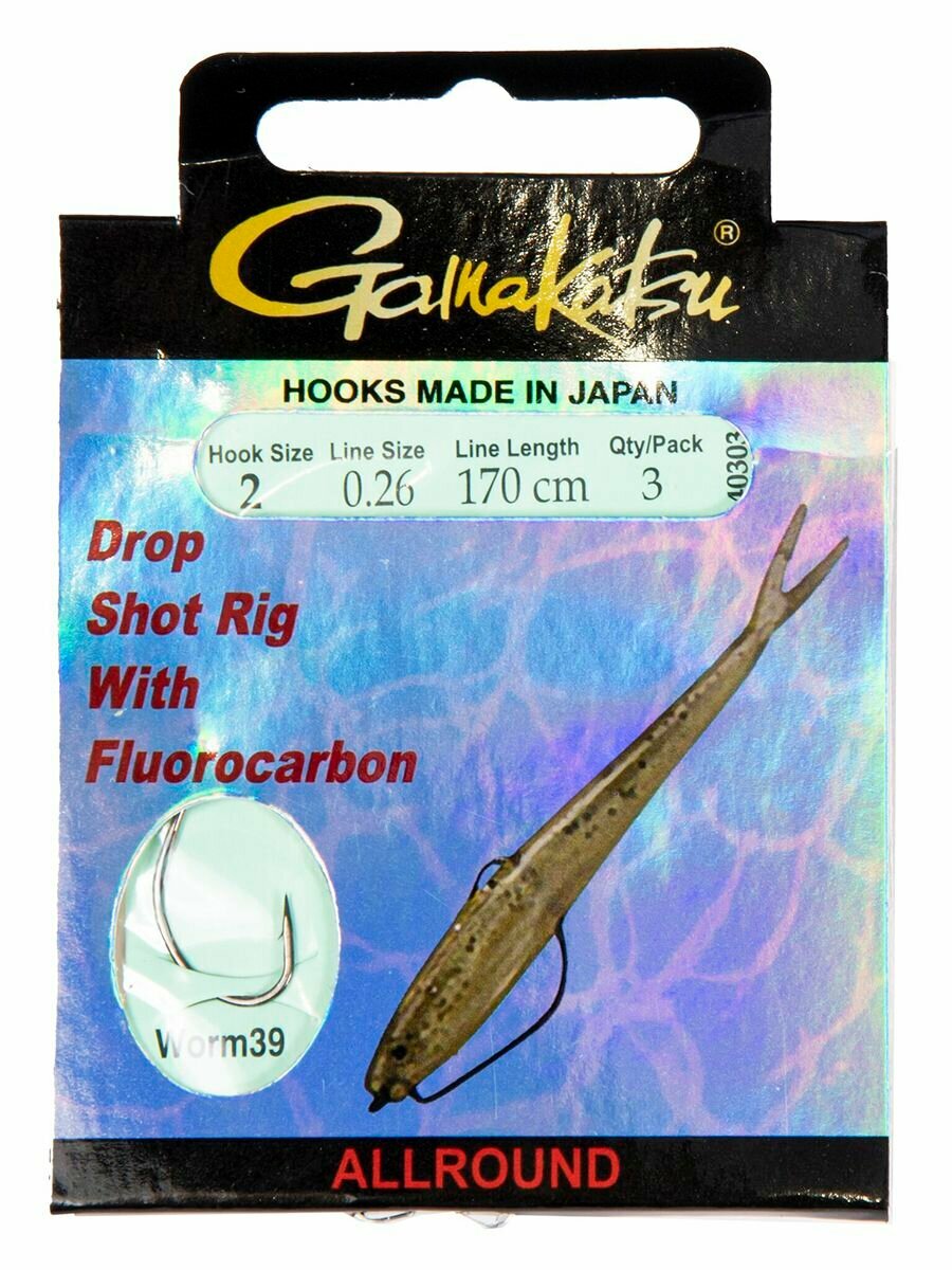 Крючки с поводком Gamakatsu Booklet DROPSHOT WORM39 размер 02/0, 26мм 170см (упк.3шт.)