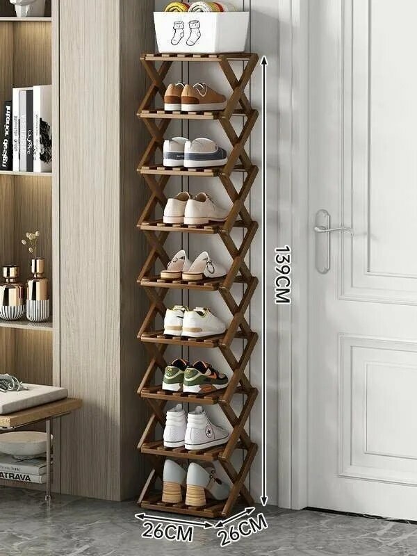Обувница | бамбуковая, раскладная | открытая (без стенки) | 26x26x139 см | стиль минимализм | коричневый | для прихожей/домавзрослые+дети