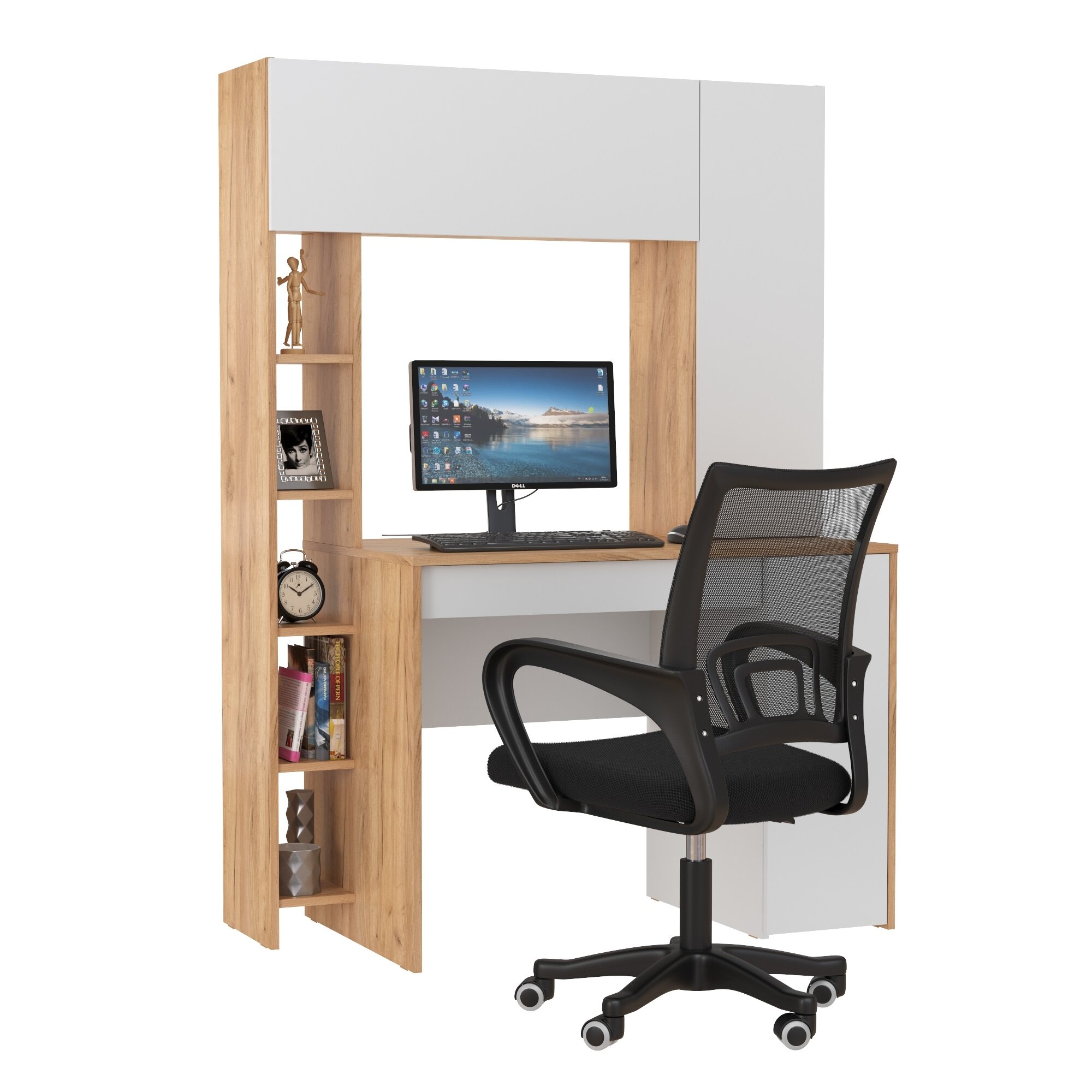 Комплект из компьютерного стола Комфорт 12.71 и черного кресла 103, дуб золотой/белый