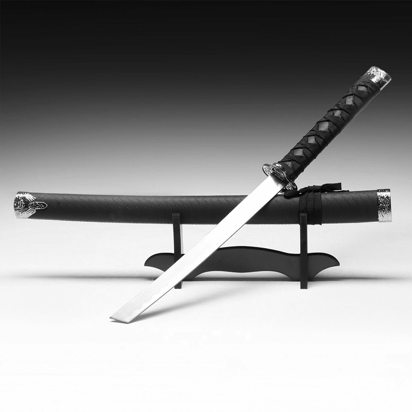 Сувенирное оружие Катана Тошайо 70 см, на подставке, ножны под змею, матовая, черная