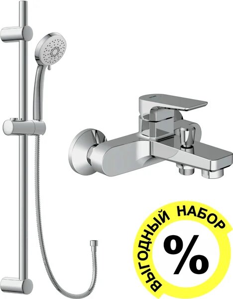 Смеситель для ванны с душем Cersanit Nature Nature 63064 с душевым гарнитуром, настенный, однорычажный, хром, глянцевый, латунный, из нержавеющей стали, с керамическим картриджем