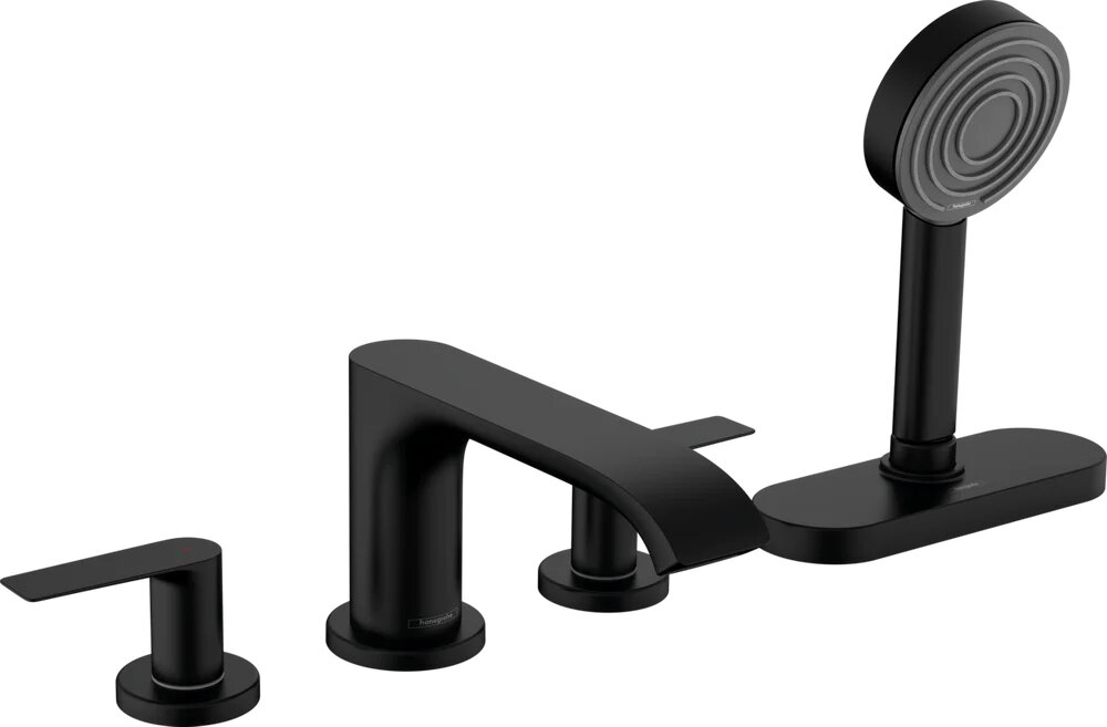 Смеситель на борт ванны Hansgrohe Vivenis 75444670 встраиваемый, каскадный, с душевой лейкой, черный, матовый, латунный, смеситель для ванны с душем, вентильный