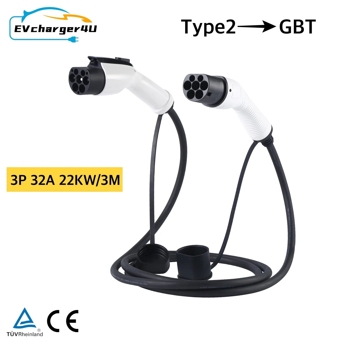 EVcharger4U Type2 к GBT Кабель для зарядки EV 1 фаза/3 фазы 32A 7 кВт 22 кВт Шнур для электромобиля типа 2 GB/T для зарядной станции 3P 32A 22KW