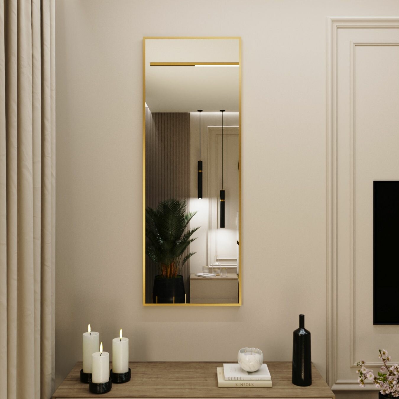 Зеркало настенное 130х50 см. BLX MIRROR интерьерное в алюминиевой раме, Золотое