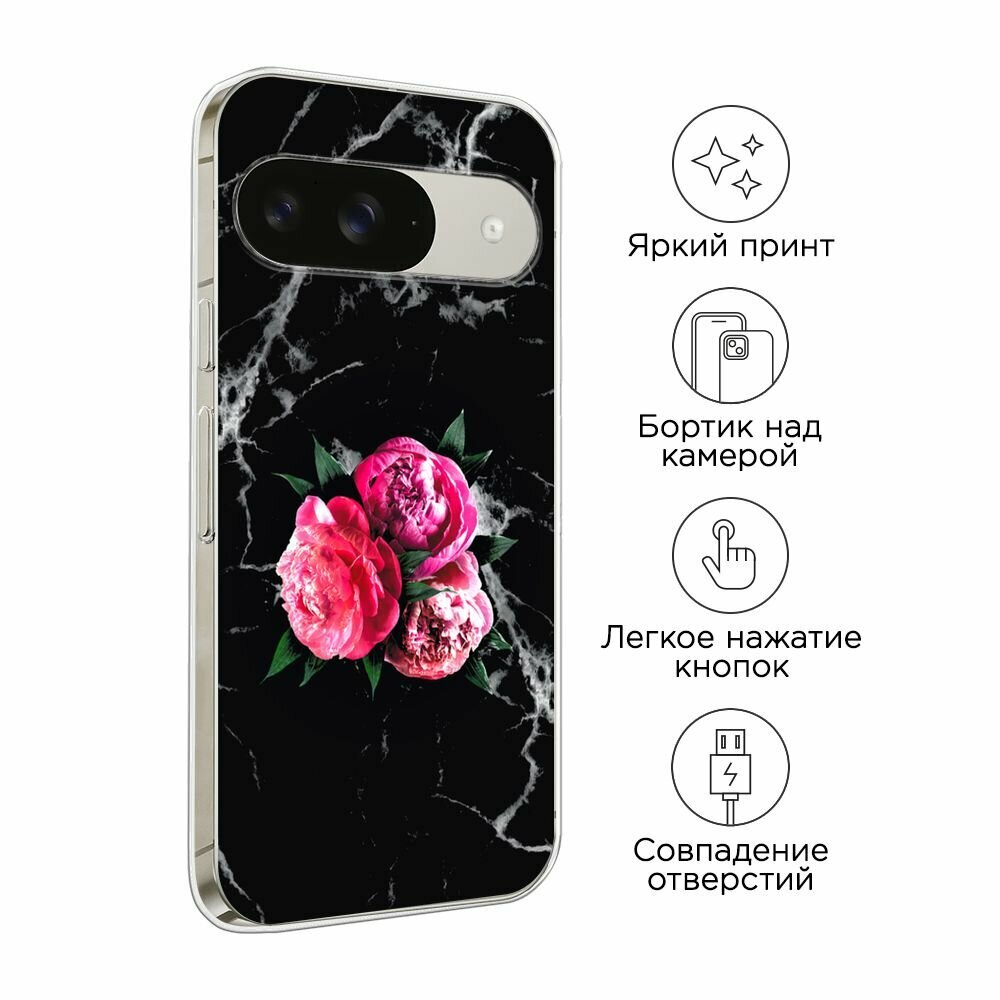 Чехол на Google Pixel 9 / Гугл Пиксель 9 с принтом "Букет на черном мраморе" — фото 1