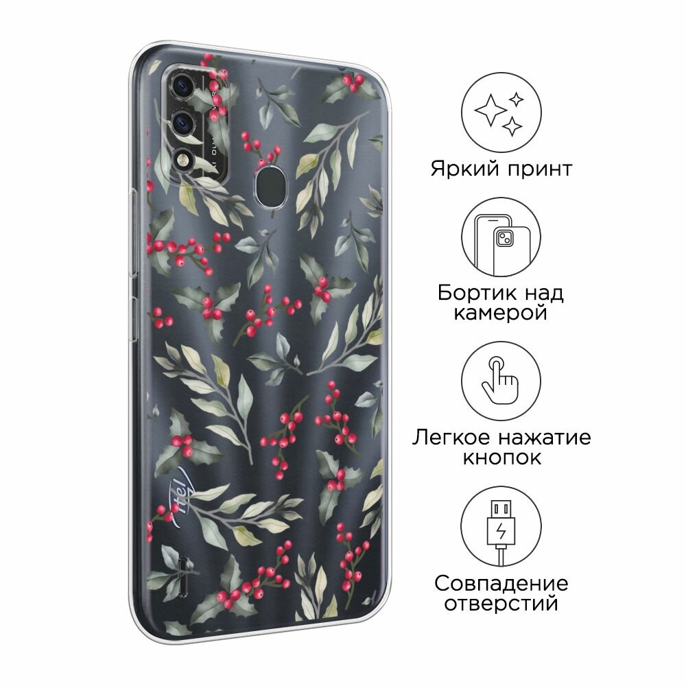 Чехол на Itel A48 / Ител А48 с принтом Зимние ягоды паттерн, прозрачный — фото 1