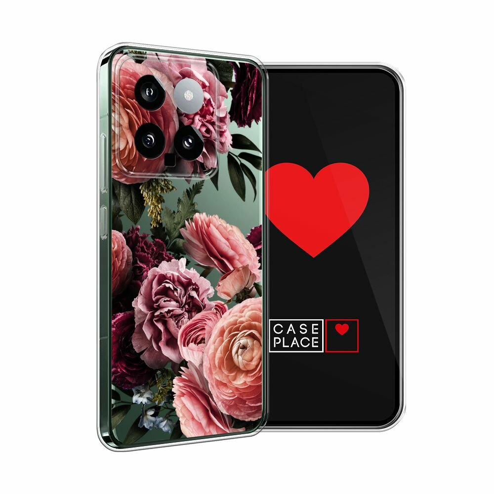 Чехол на Xiaomi 14 / Сяоми 14 с принтом "Бордовые винтажные цветы", прозрачный — фото 1