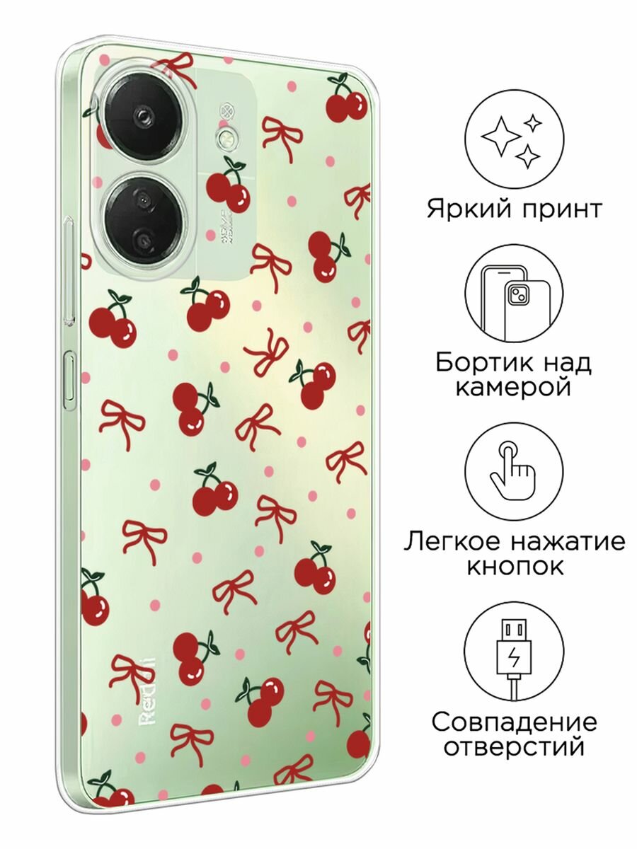 Чехол на Xiaomi Redmi 13C/Poco C65 / Сяоми Редми 13C/Поко С65 с принтом "Вишни и ленточки", прозрачный — фото 1