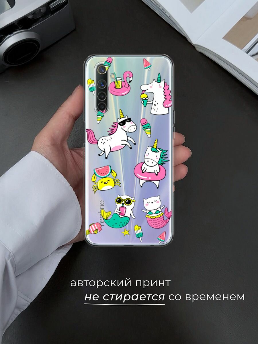 Чехол на Realme 6 / Реалми 6 с принтом "Единороги в отпуске", прозрачный — фото 1