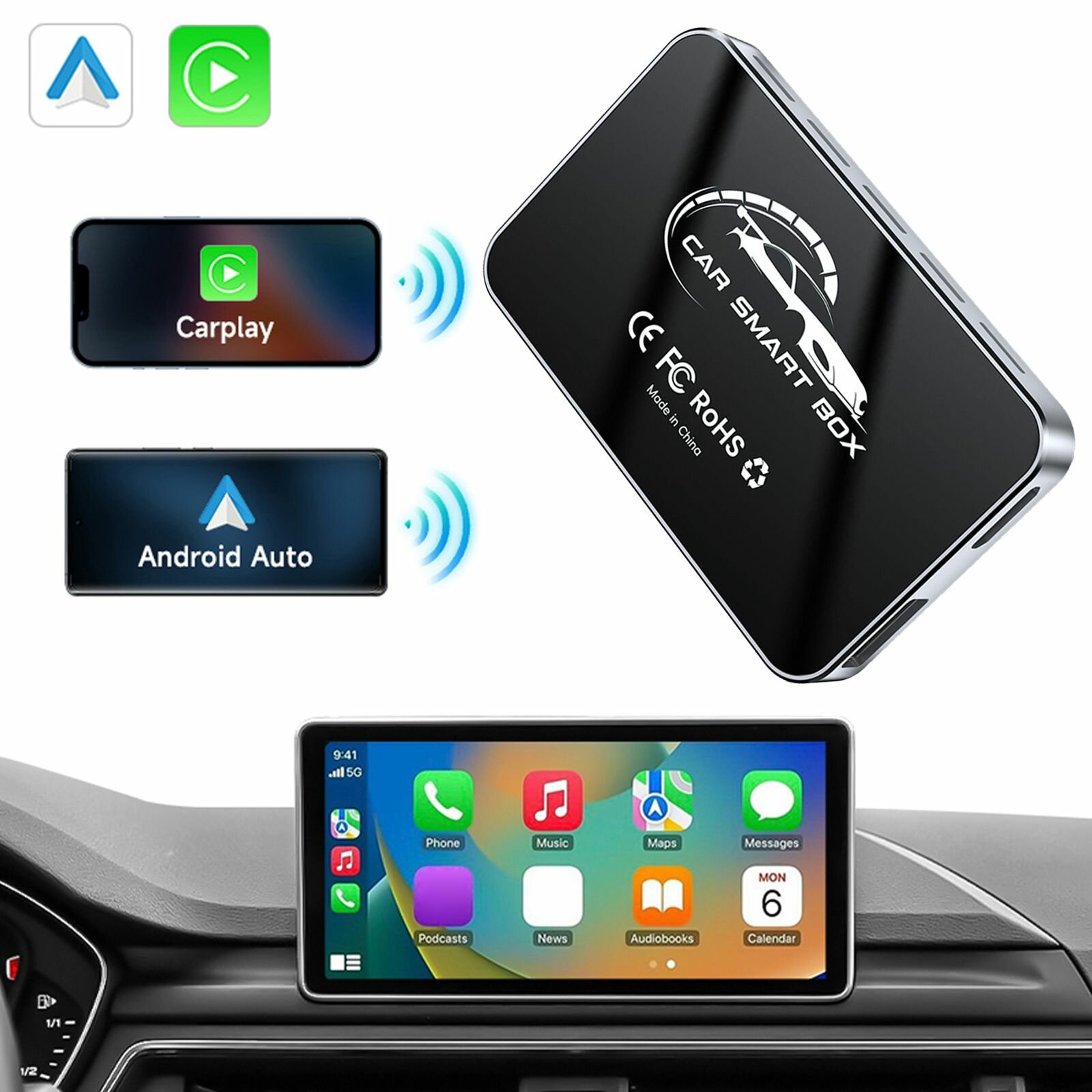 Беспроводной адаптер CarPlay и Android Auto на базе Android 13, 4 ГБ ОЗУ + 32 ГБ ПЗУ, с HDMI-выходом